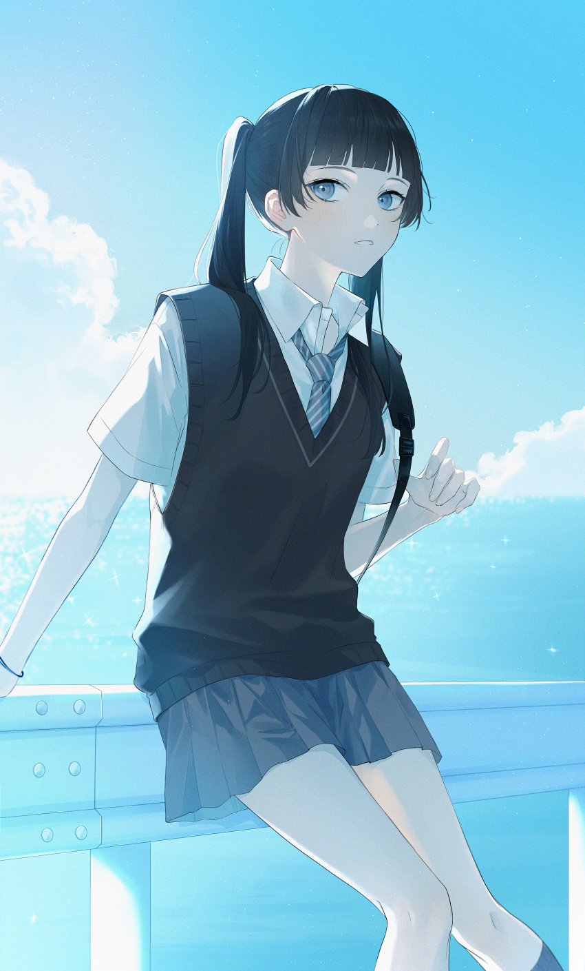 Safebooru - 1girl absurdres against railing backpack bag black bag black hair black sweater vest ...