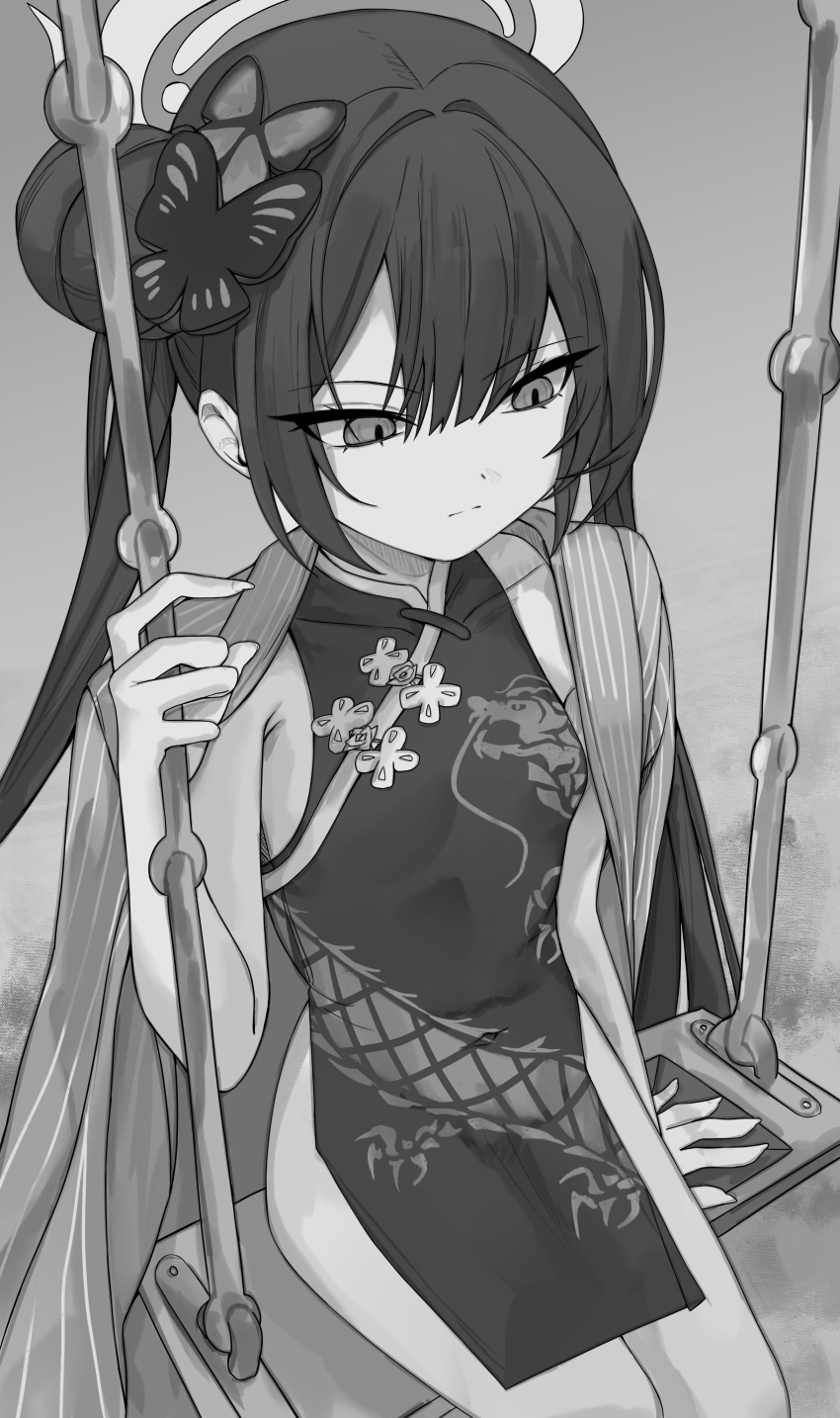 Safebooru - 1girl absurdres blue archive braid braided bun butterfly hair ornament china dress ...