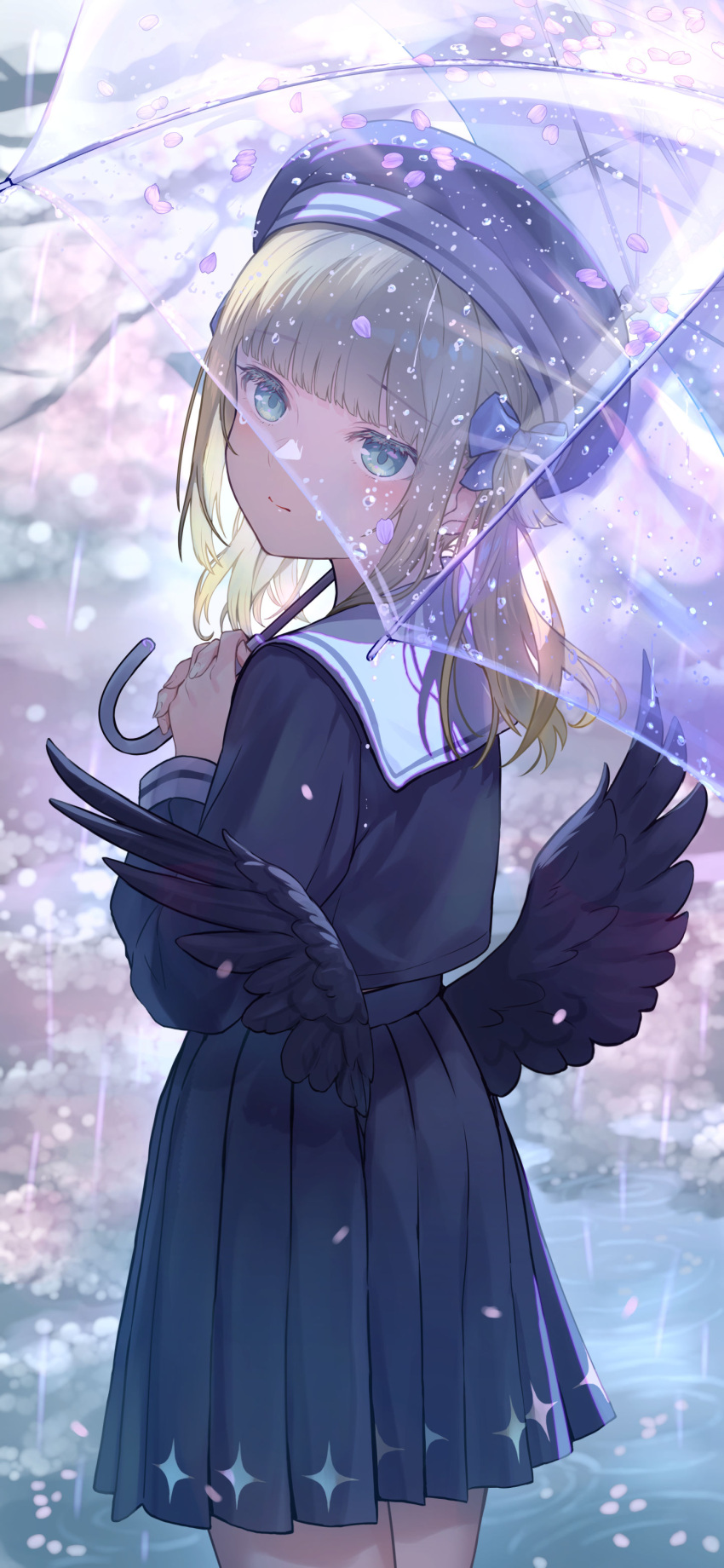 Safebooru - 1girl absurdres beret black hat black serafuku black shirt black skirt black wings ...