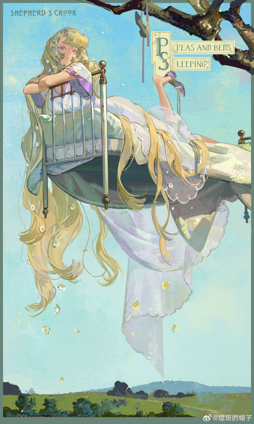 Safebooru - 1girl absurdres arm support bed blonde hair blue sky dress ...