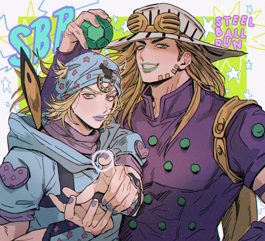 Safebooru - 2boys ball blue eyes green eyes gyro zeppeli hat highres ...