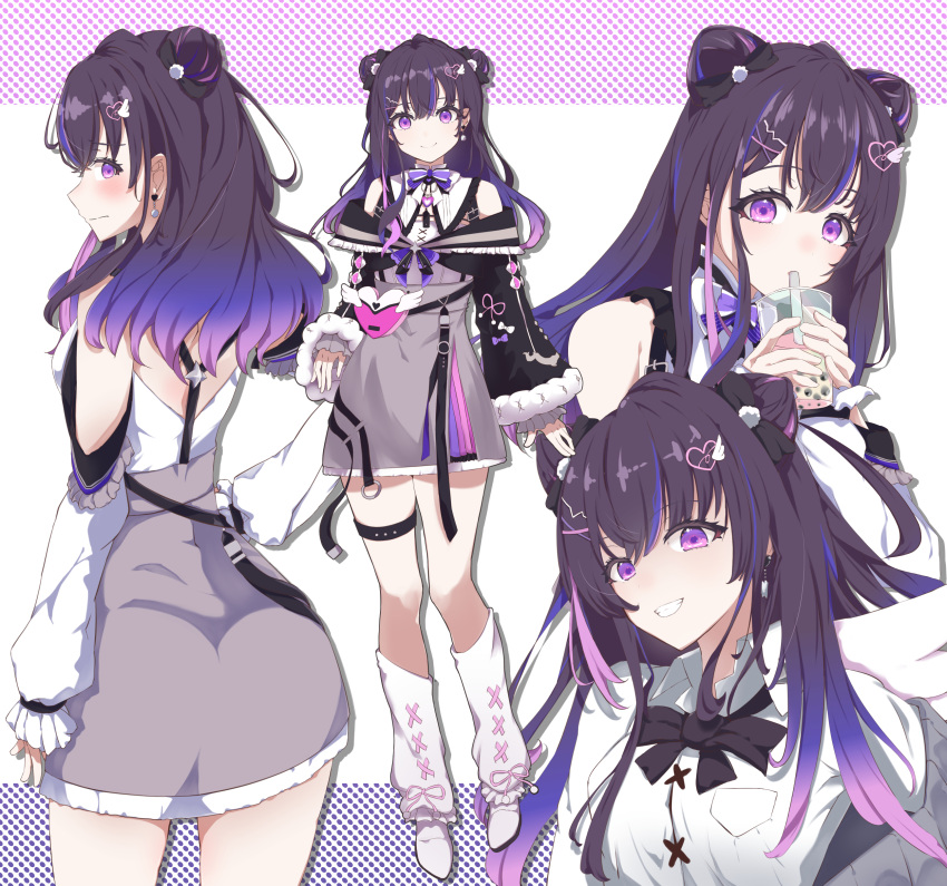 Safebooru - 1girl ashinobu panda blush bubble tea closed mouth cone hair bun dress drinking ...