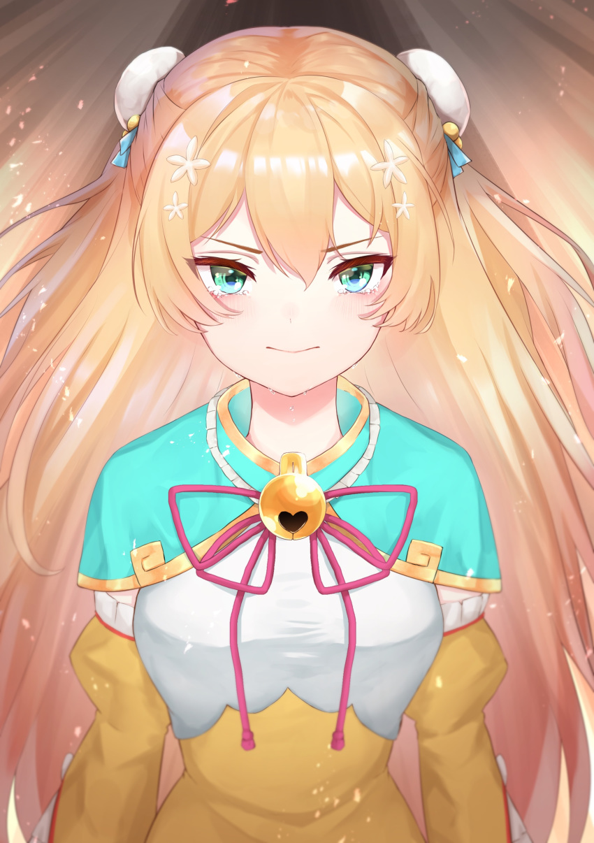 Safebooru - 1girl absurdres angry aqua capelet bangs bell blonde hair ...