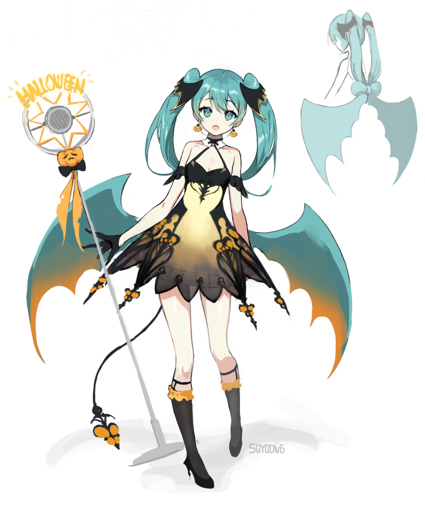 Safebooru - aqua eyes aqua hair artist name bat wings detached sleeves dress gloves half gloves ...
