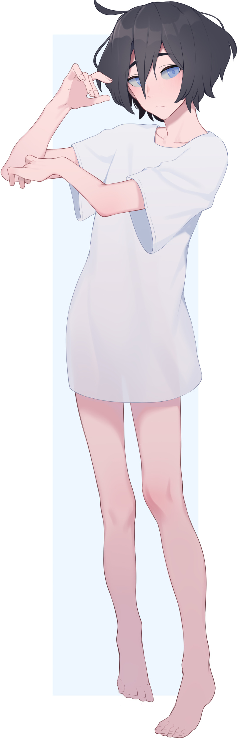 Safebooru - 1boy absurdres bangs bare legs barefoot black hair blue background blue eyes border ...