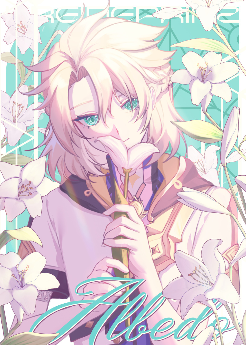 Safebooru - 1boy absurdres albedo (genshin impact) aqua background aqua eyes blonde hair blue ...