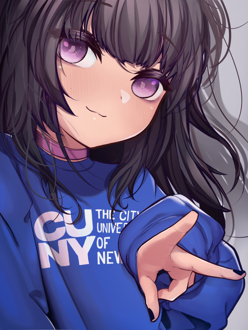 Safebooru - 1girl :3 absurdres black hair black nails blue sweater choker closed mouth ...