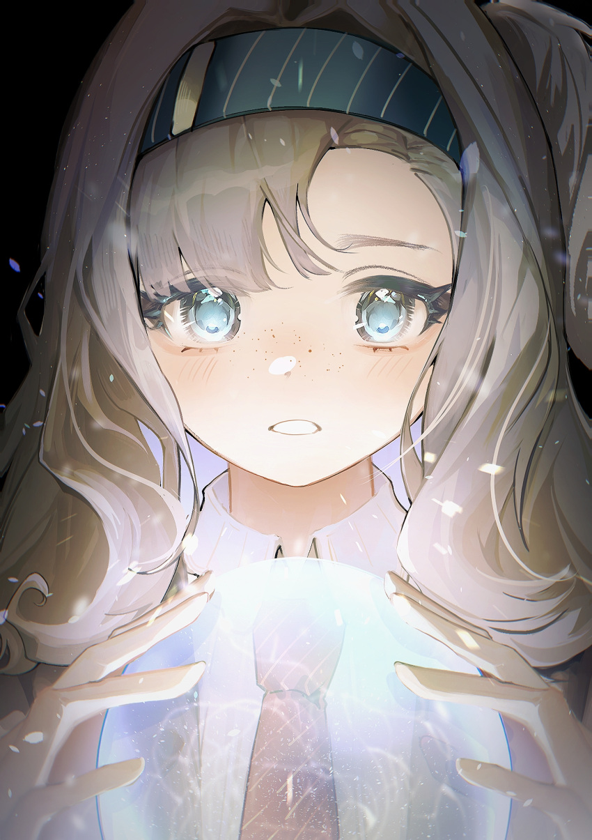 Safebooru - 1girl asymmetrical bangs black background blue eyes blue hairband crystal ball ...