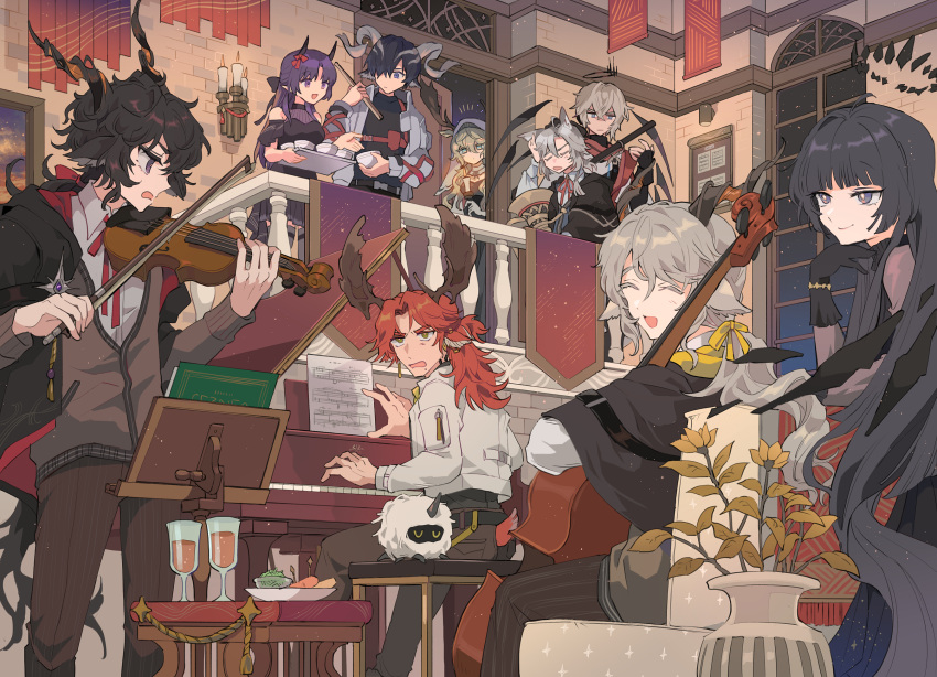 Safebooru - 3girls 6+boys against railing animal ears antlers arknights ...