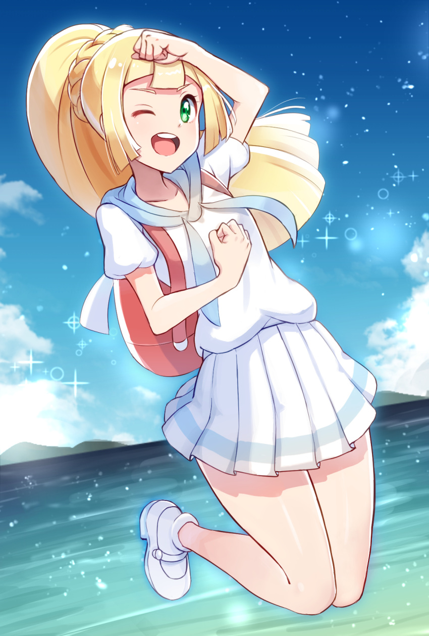 Safebooru - 1girl arm up backpack bag blonde hair blue sky clouds ...
