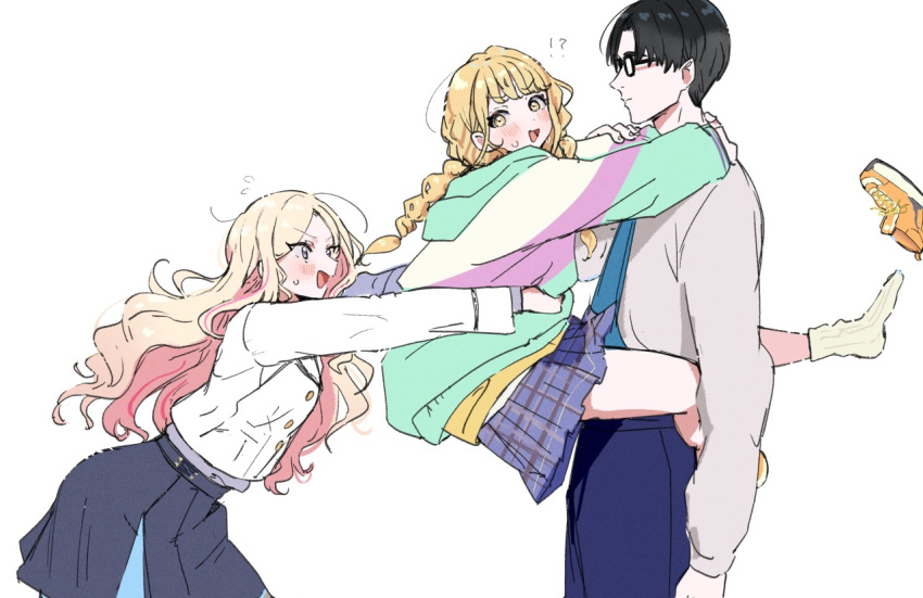 Safebooru - !? 1boy 2girls black-framed eyewear black hair blazer blonde hair blue skirt blush ...
