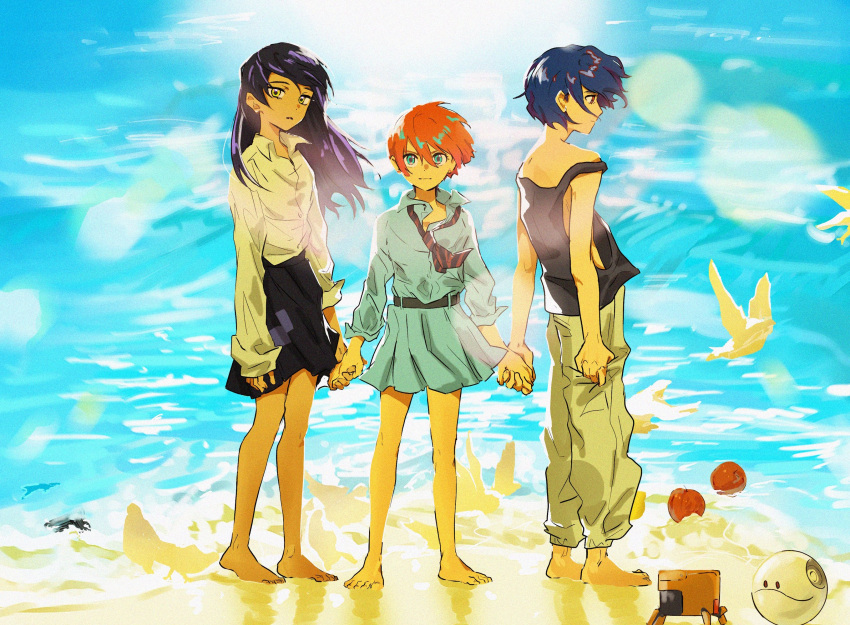 Safebooru - 1boy 2girls amate yuzuriha apple aqua eyes beach bird blue ...