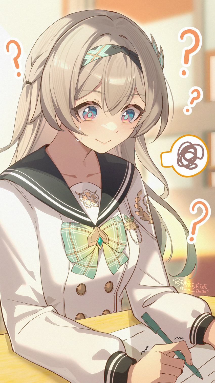 Safebooru - 1girl ? black hairband black sailor collar blue eyes blurry blurry background bow ...