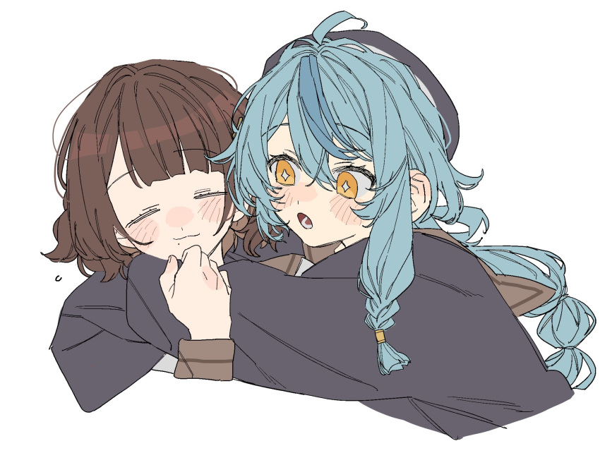 Safebooru - 2girls ahoge aqua hair black hat blue hair blush braid brown hair closed eyes closed ...