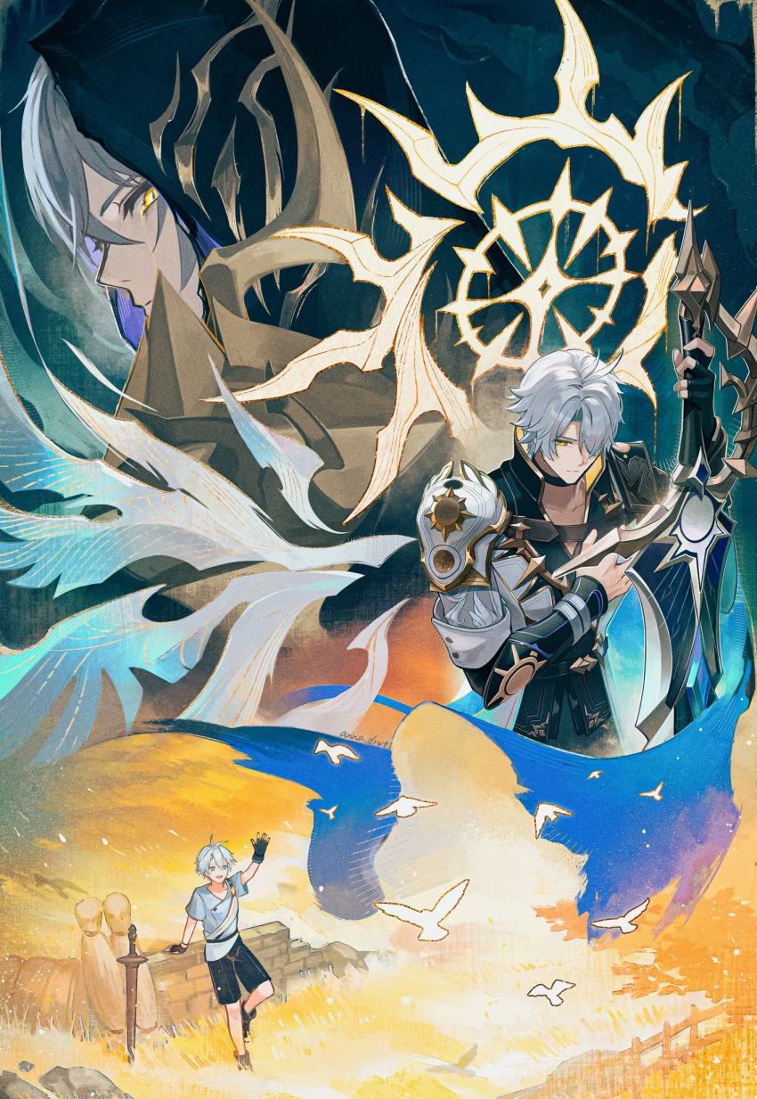 Safebooru - 1boy aged down anna (drw01) armor bird black shorts child cloak closed mouth coat ...