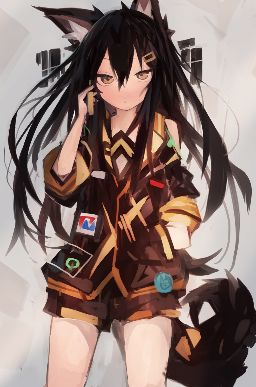 Safebooru - 1girl absurdres animal ear fluff animal ears bangs black hair black shorts grey ...