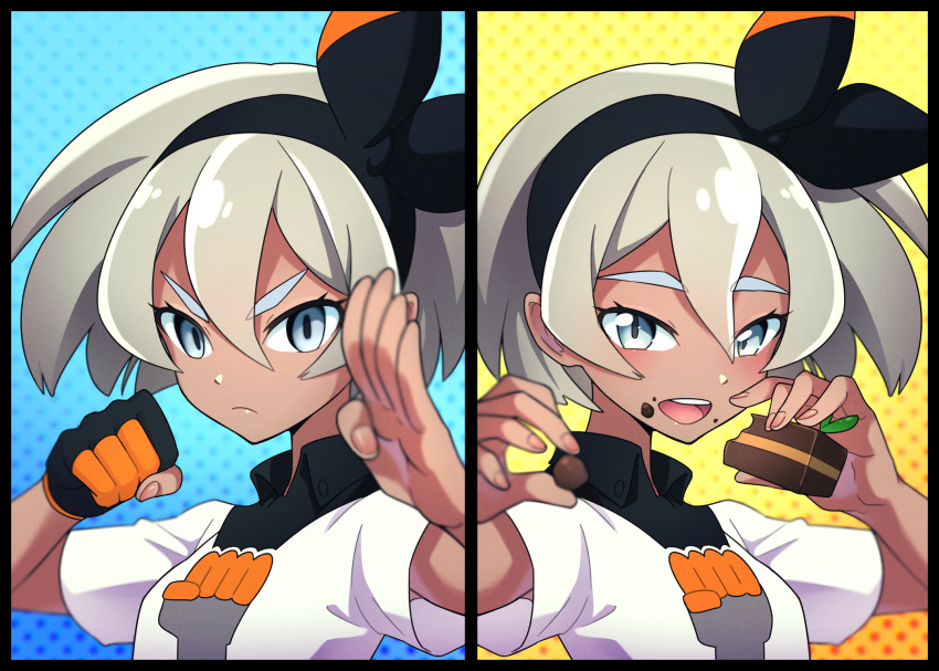 Safebooru - 1girl abiko yuuji bangs bea (pokemon) black hairband bow hairband cake closed mouth ...