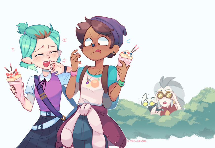 Safebooru - 1boy 3girls alternate costume amity blight beanie ...