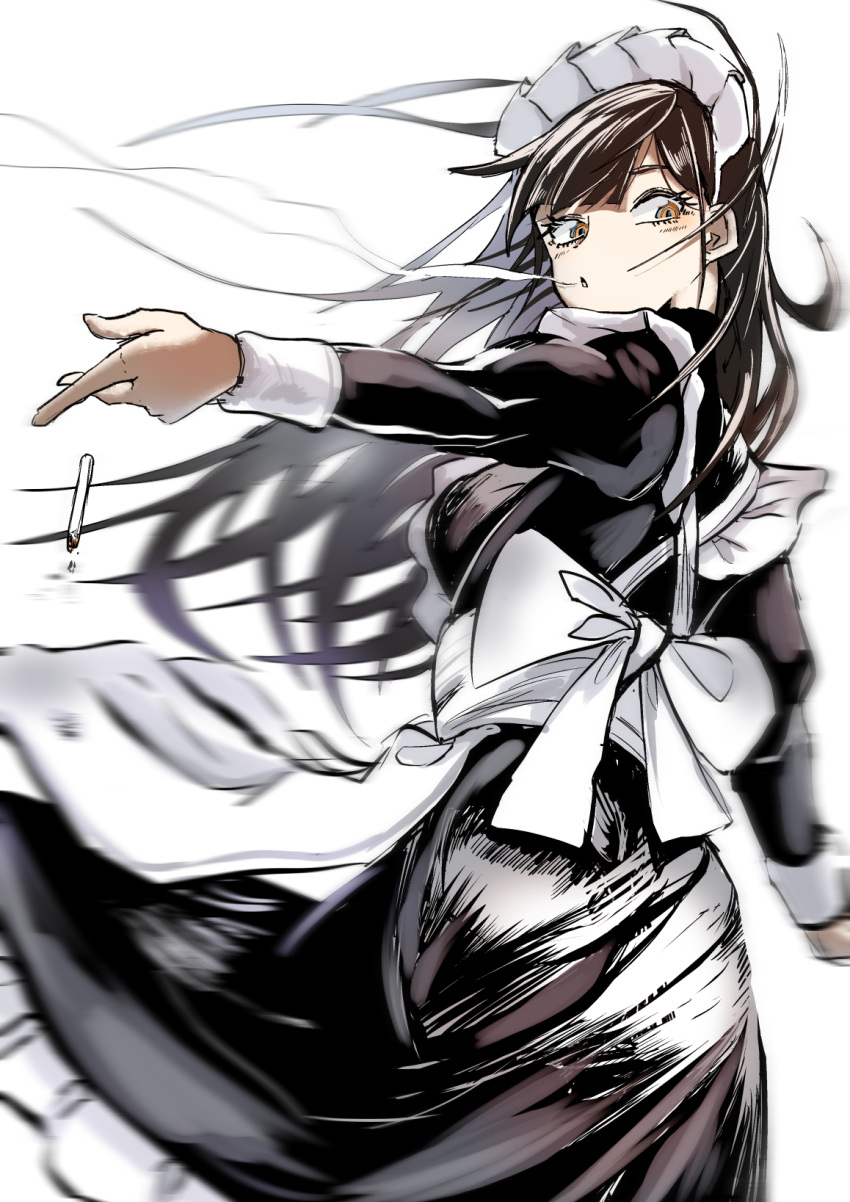 Safebooru - 1girl apron bangs black hair black skirt breasts cigarette dress frilled skirt ...