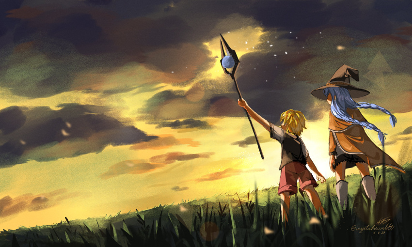 Safebooru - 1boy 1girl absurdres arm up blue hair braid brown hair ...