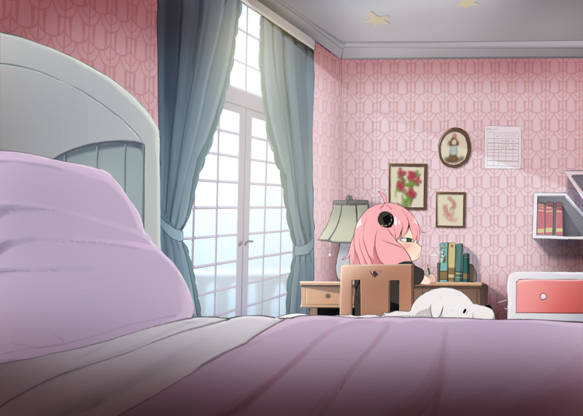 Safebooru - 1girl anya (spy x family) bed bedroom black shirt blanket ...
