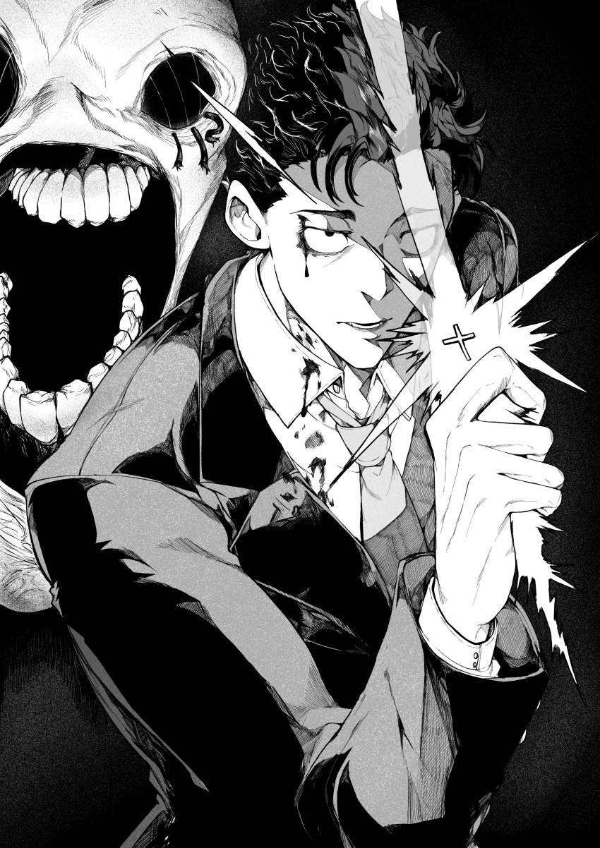 Safebooru - 1boy 1other absurdres black background black hair black ...