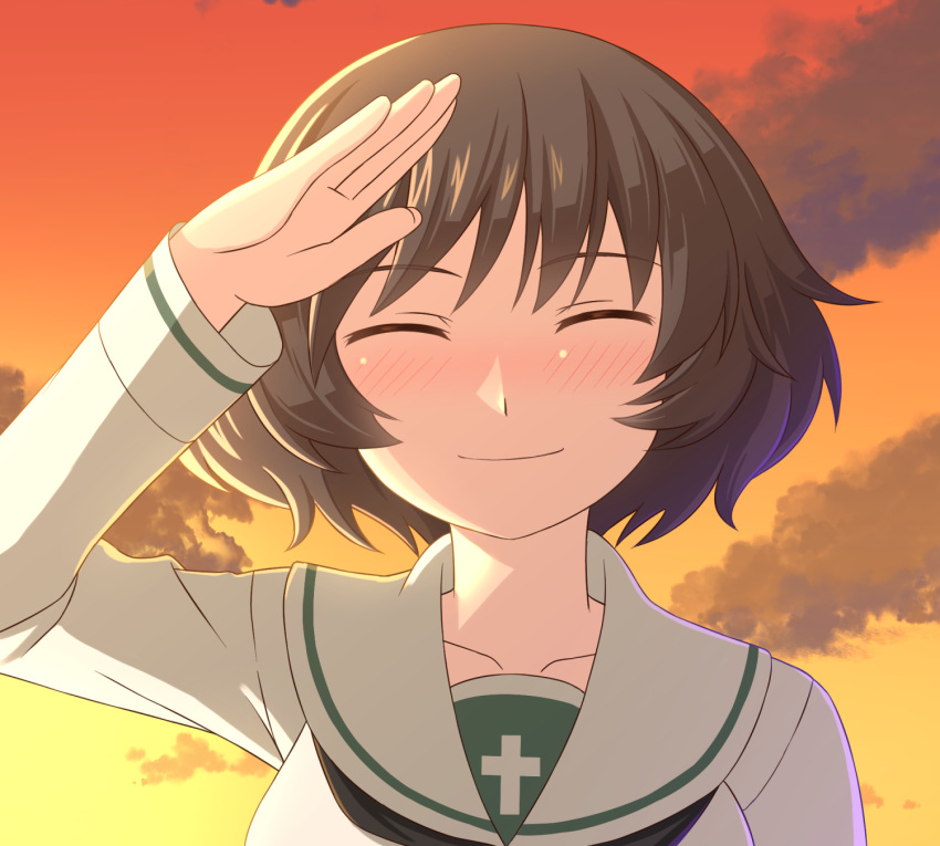 Safebooru - 1girl akiyama yukari beni (bluebluesky) blue eyes blush brown hair clouds girls und ...