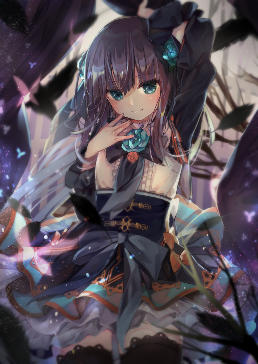 Safebooru - absurdres arcaea black legwear blue eyes blush dress dress lift flower frilled dress ...