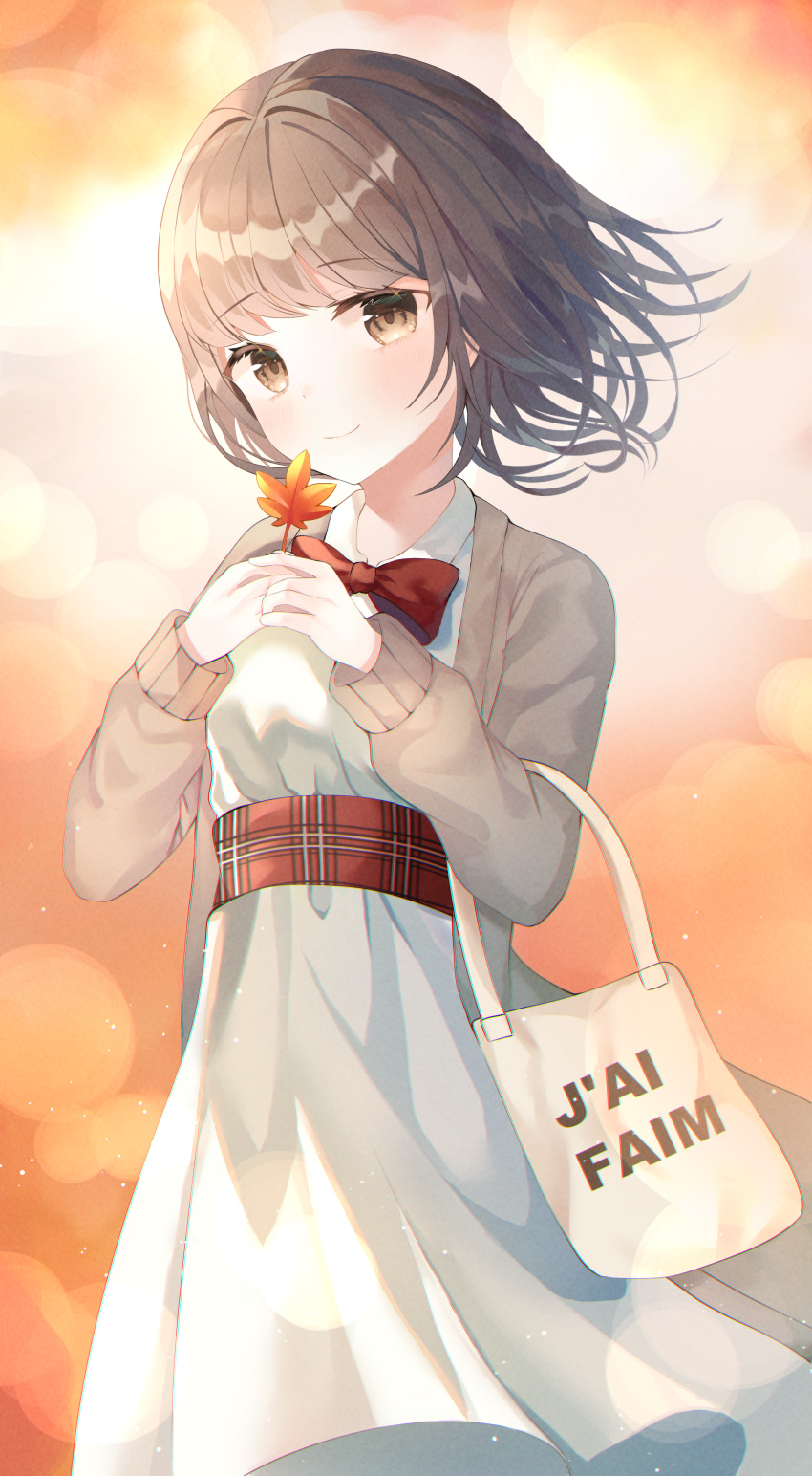 Safebooru - 1girl absurdres autumn autumn leaves bag bangs blunt bangs blush bow bowtie brown ...