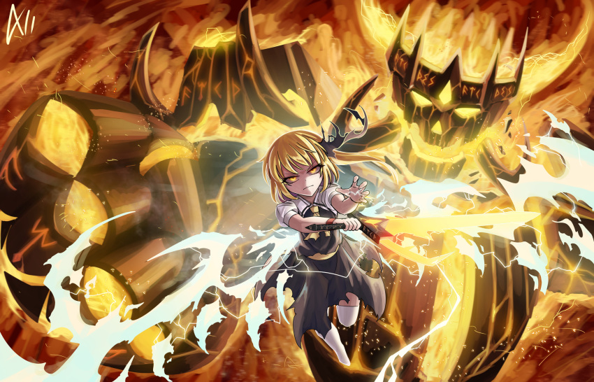 Safebooru - a-xii arknights black dress demon horns dress electricity ...