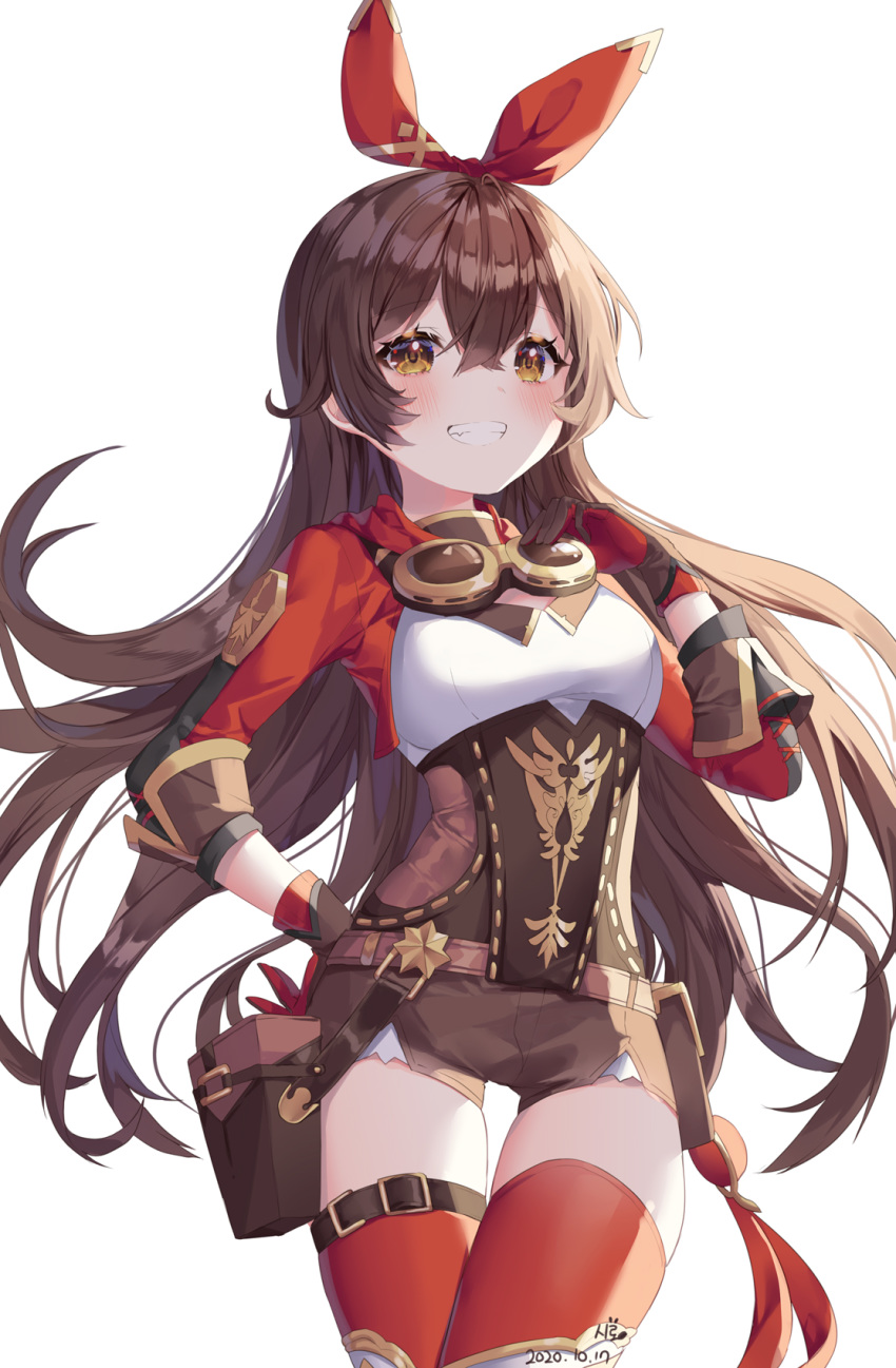 Safebooru - 1girl :d amber (genshin impact) bangs belt belt pouch blush breasts brown hair brown ...