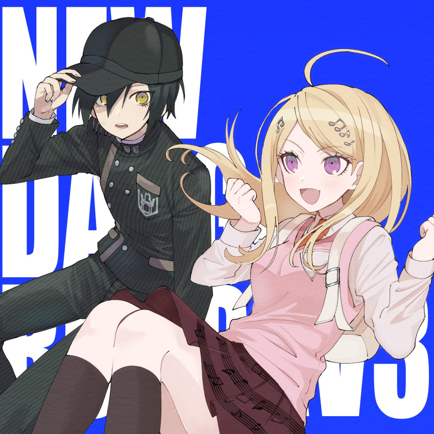 Safebooru - 1boy 1girl ahoge akamatsu kaede background text backpack bag bangs black hair black ...