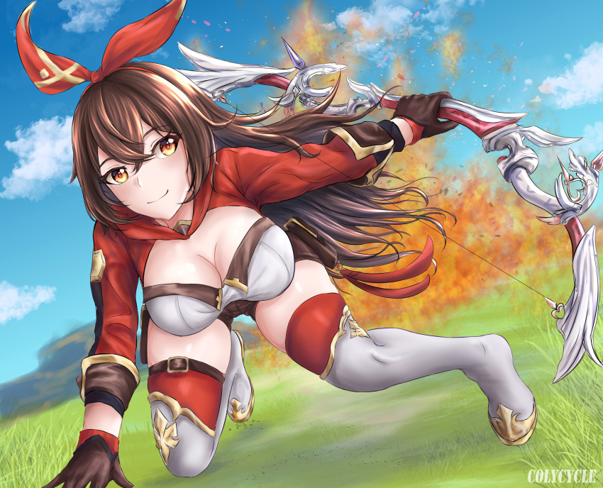 Safebooru - 1girl absurdres amber (genshin impact) boots bow (weapon) brown hair colycycle ...