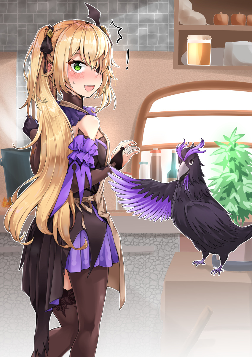 Safebooru - ! 1girl absurdres apron bird black legwear blonde hair blush cooking dress dulldull ...