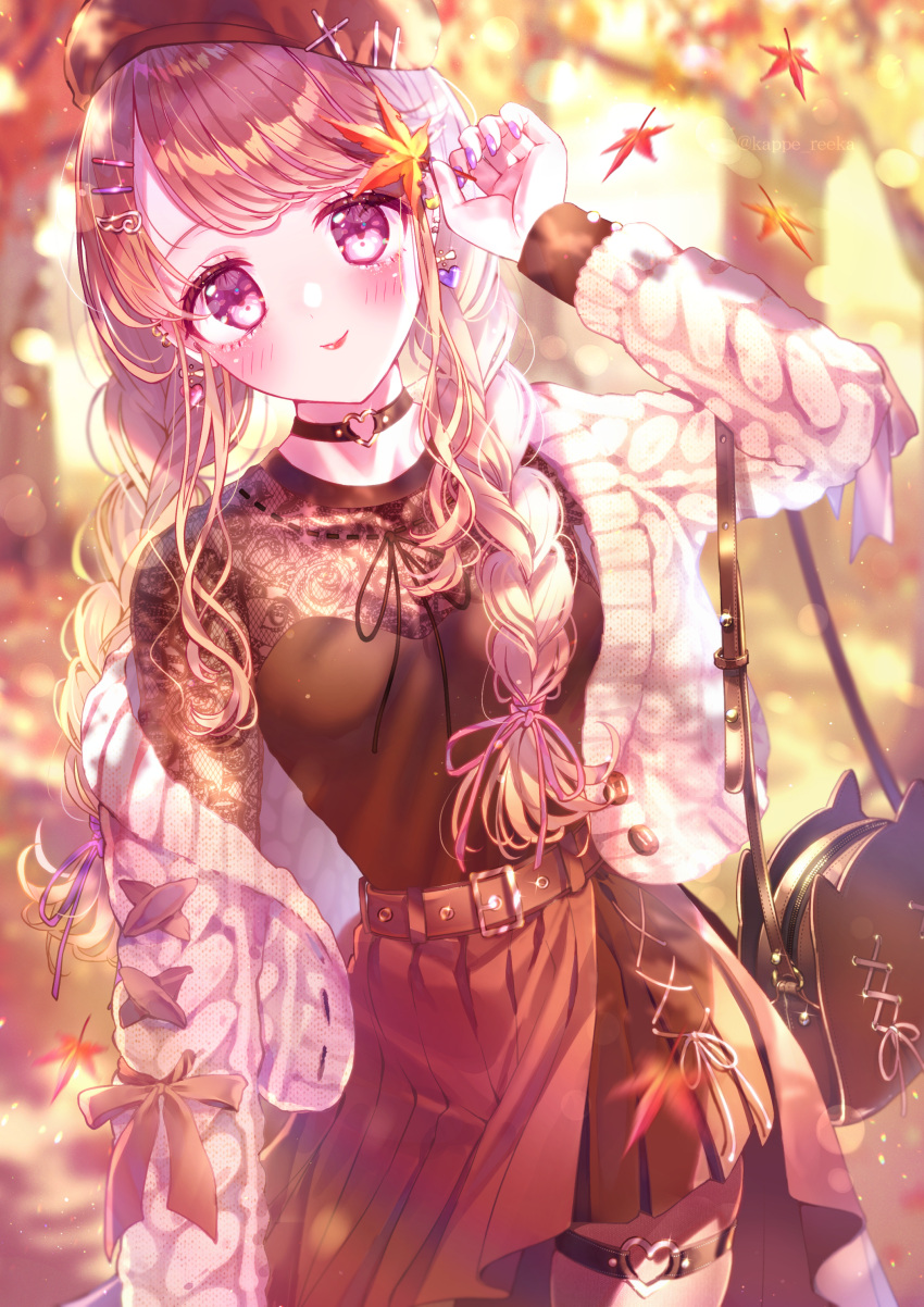 Safebooru - 1girl absurdres autumn autumn leaves bag belt black legwear black skirt blonde hair ...