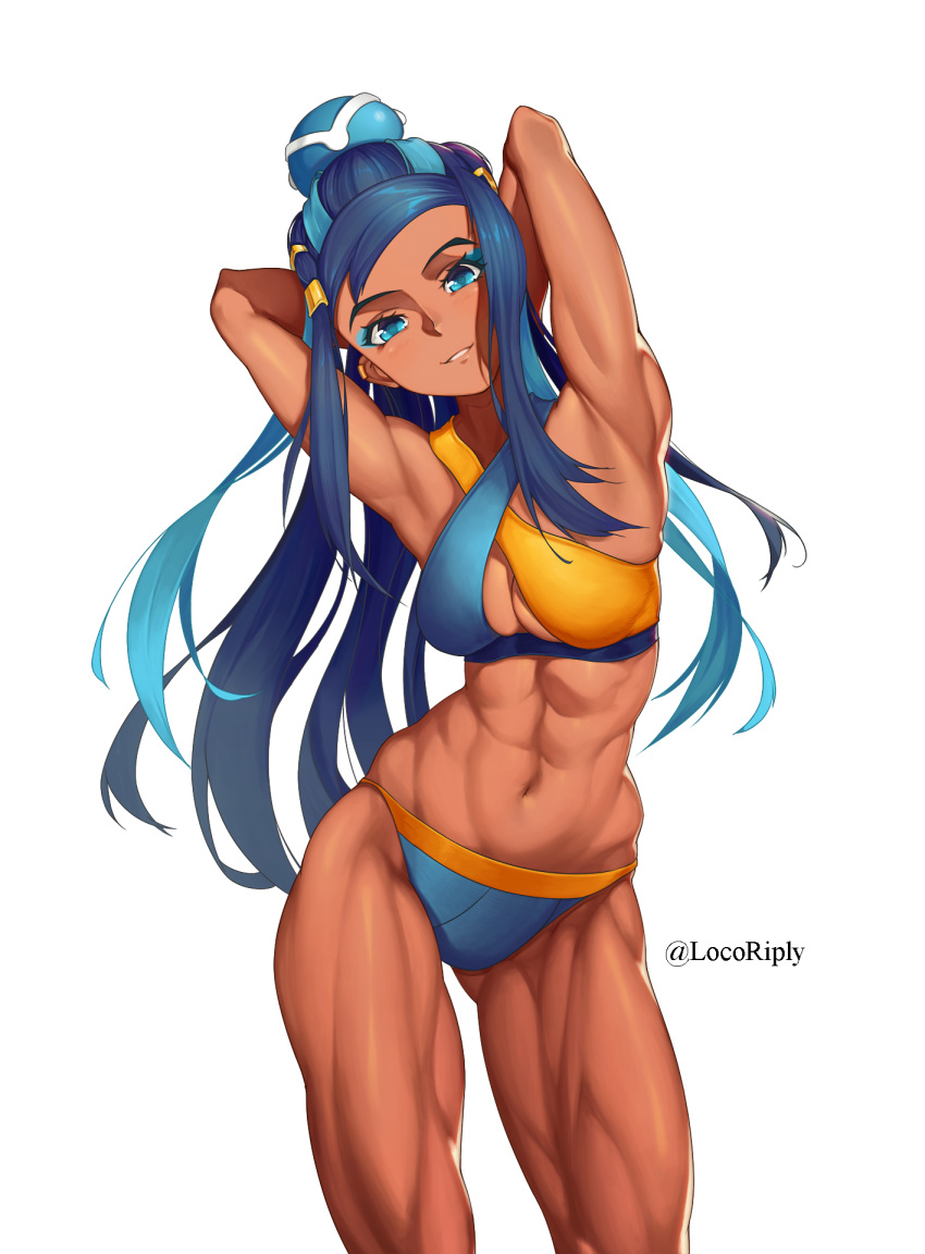 Safebooru - 1girl abs alternate costume armpits arms up bikini blue eyeshadow blue hair breasts ...
