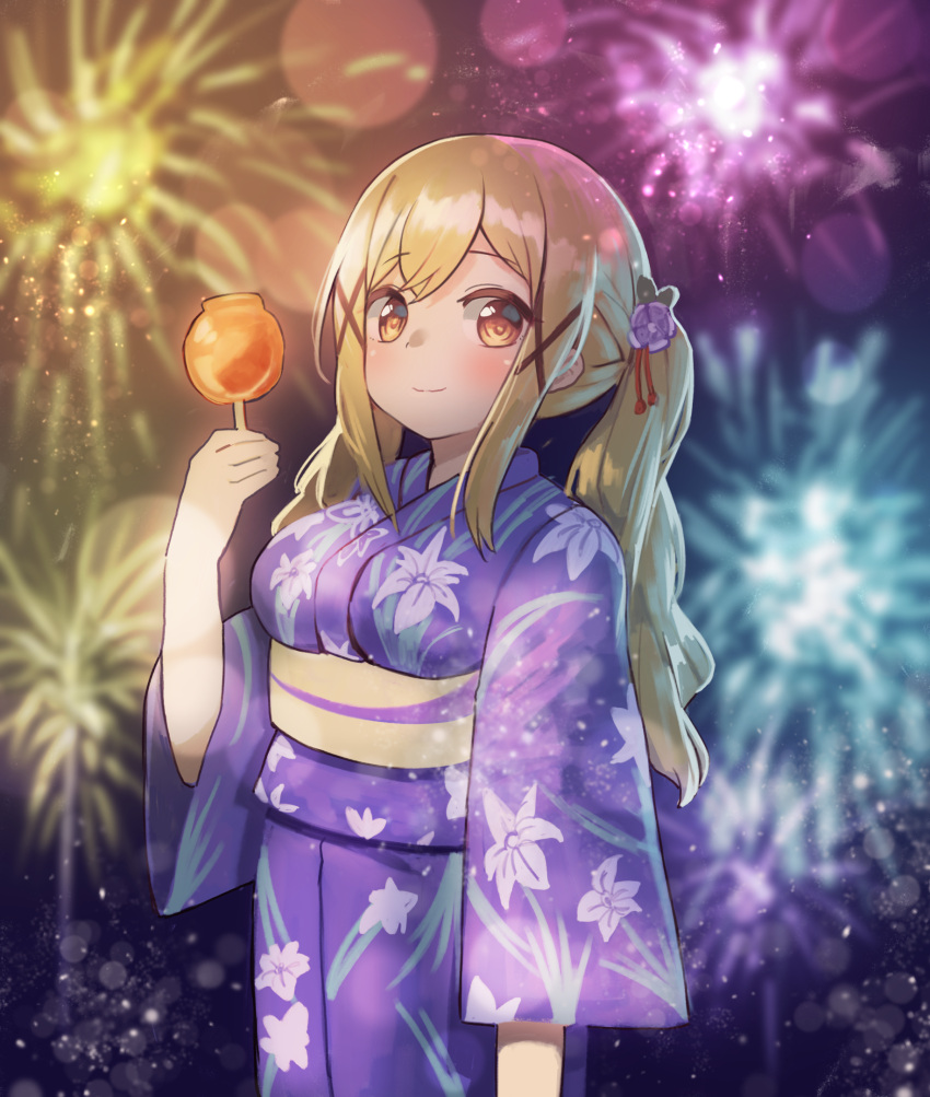 Safebooru - 1girl bang dream! blonde hair blush candy apple fireworks floral print flower food ...
