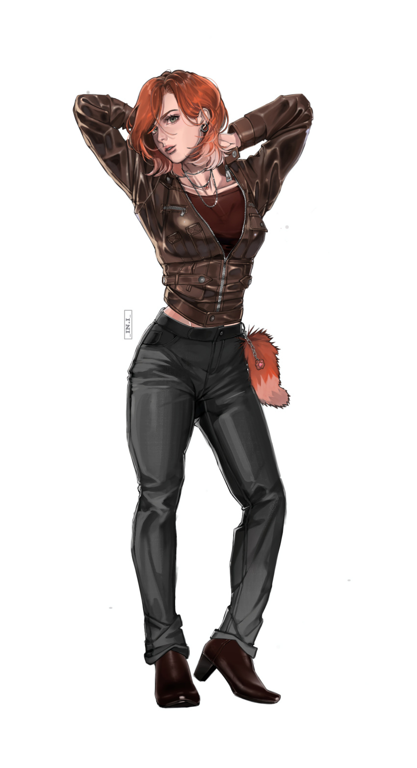 1girl absurdres arms_behind_head artist_name black_hair black_pants ...