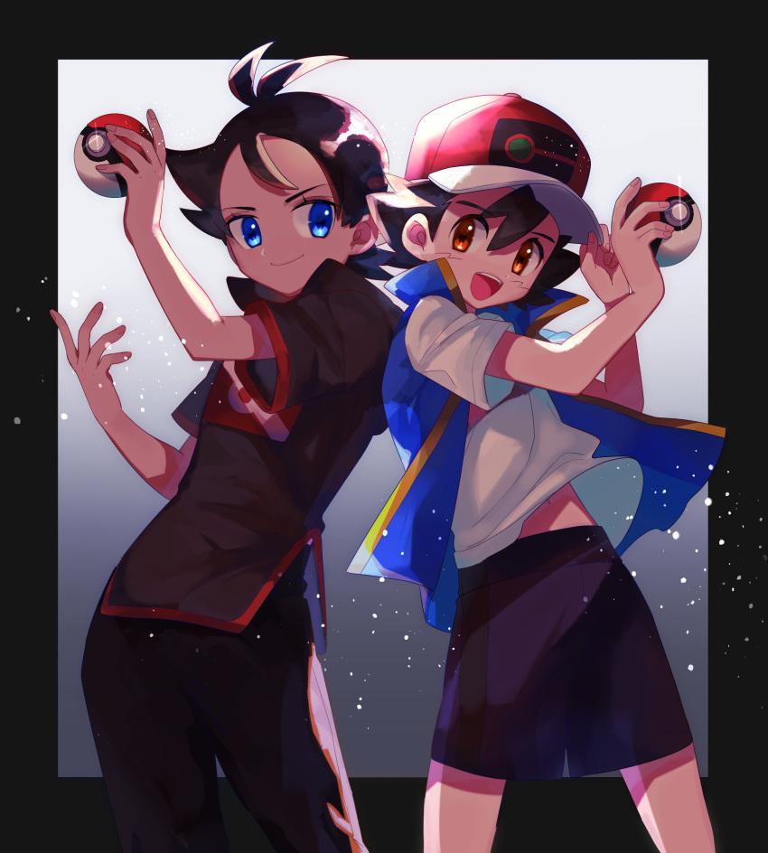 Safebooru - 2boys antenna hair ash ketchum bangs baseball cap black hair blue eyes brown eyes ...