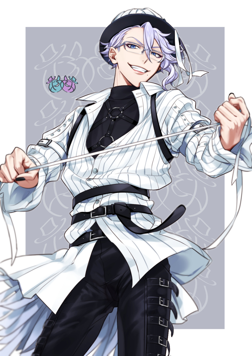 Safebooru - 1boy azul ashengrotto belt black pants blue eyes glasses grey background grin hat ...