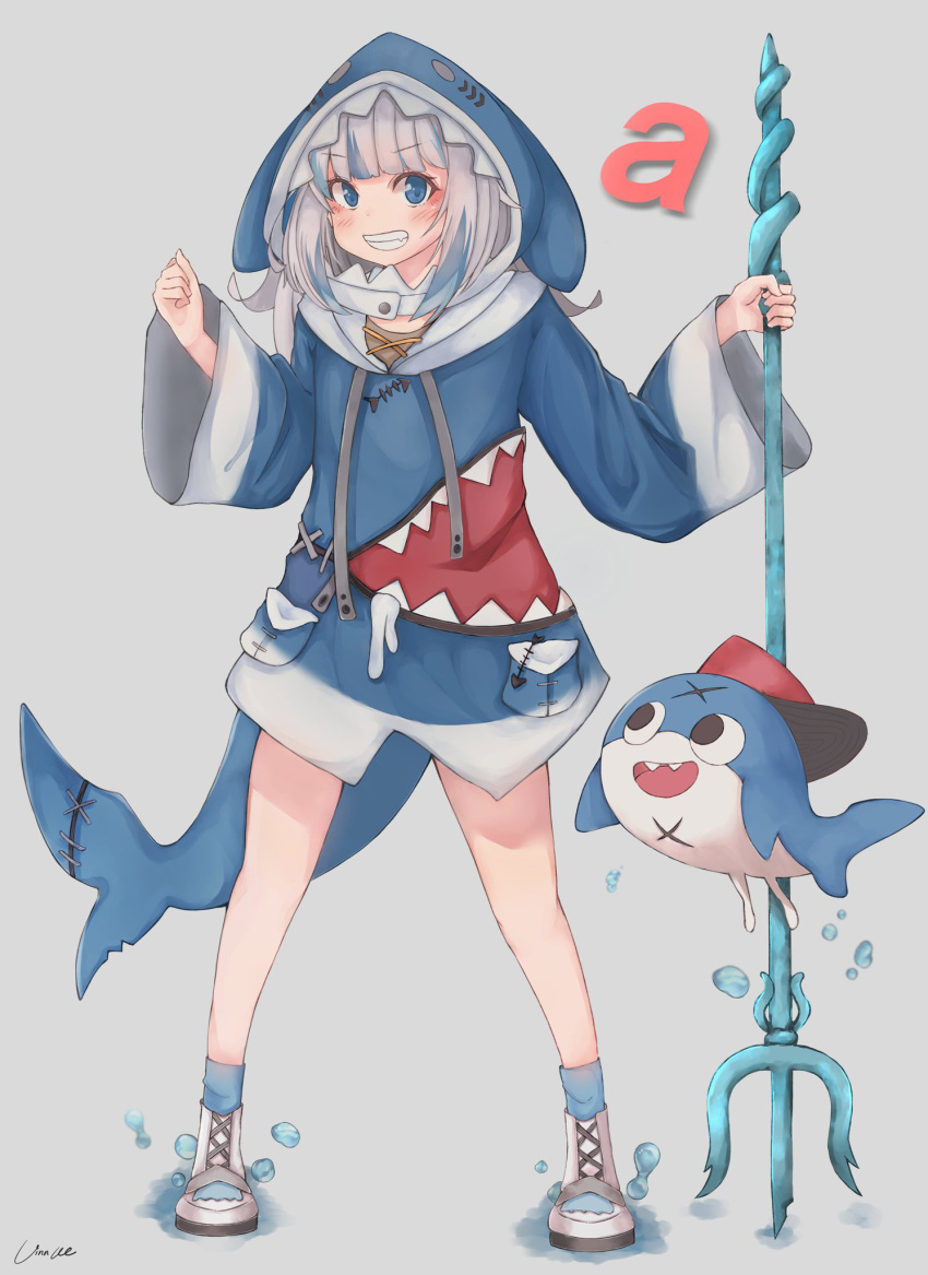 Safebooru - 1girl 1other a bloop (gawr gura) blue eyes blue hair blue hoodie blue legwear bubble ...