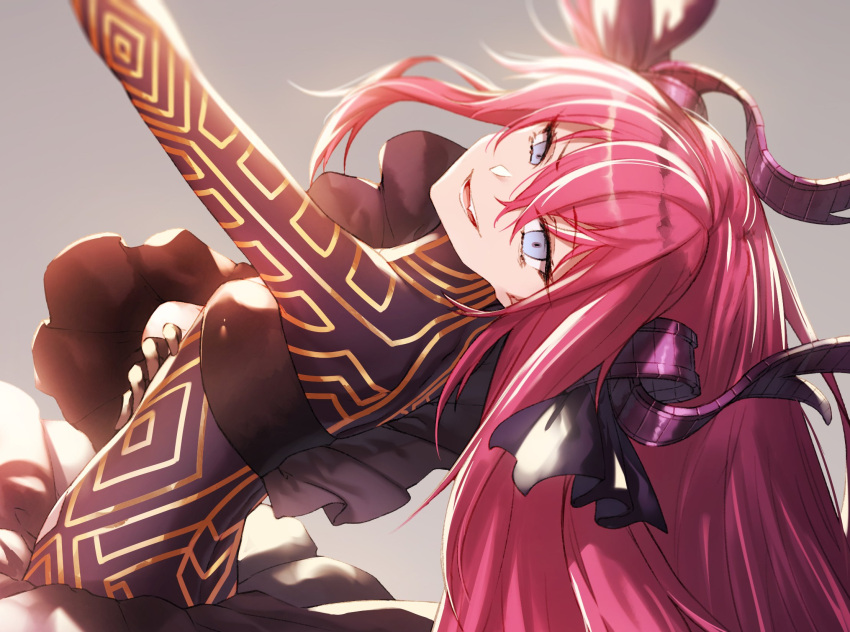 Safebooru - 1girl :d arm up bangs black ribbon black skirt blue eyes ...