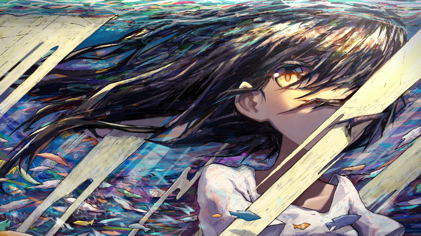 Safebooru - 1girl black hair covered mouth fish floating hair hair over one eye highres long ...