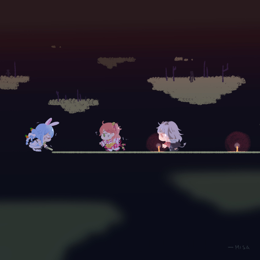 Safebooru - 3girls ahoge animal ears bell black background braid ...