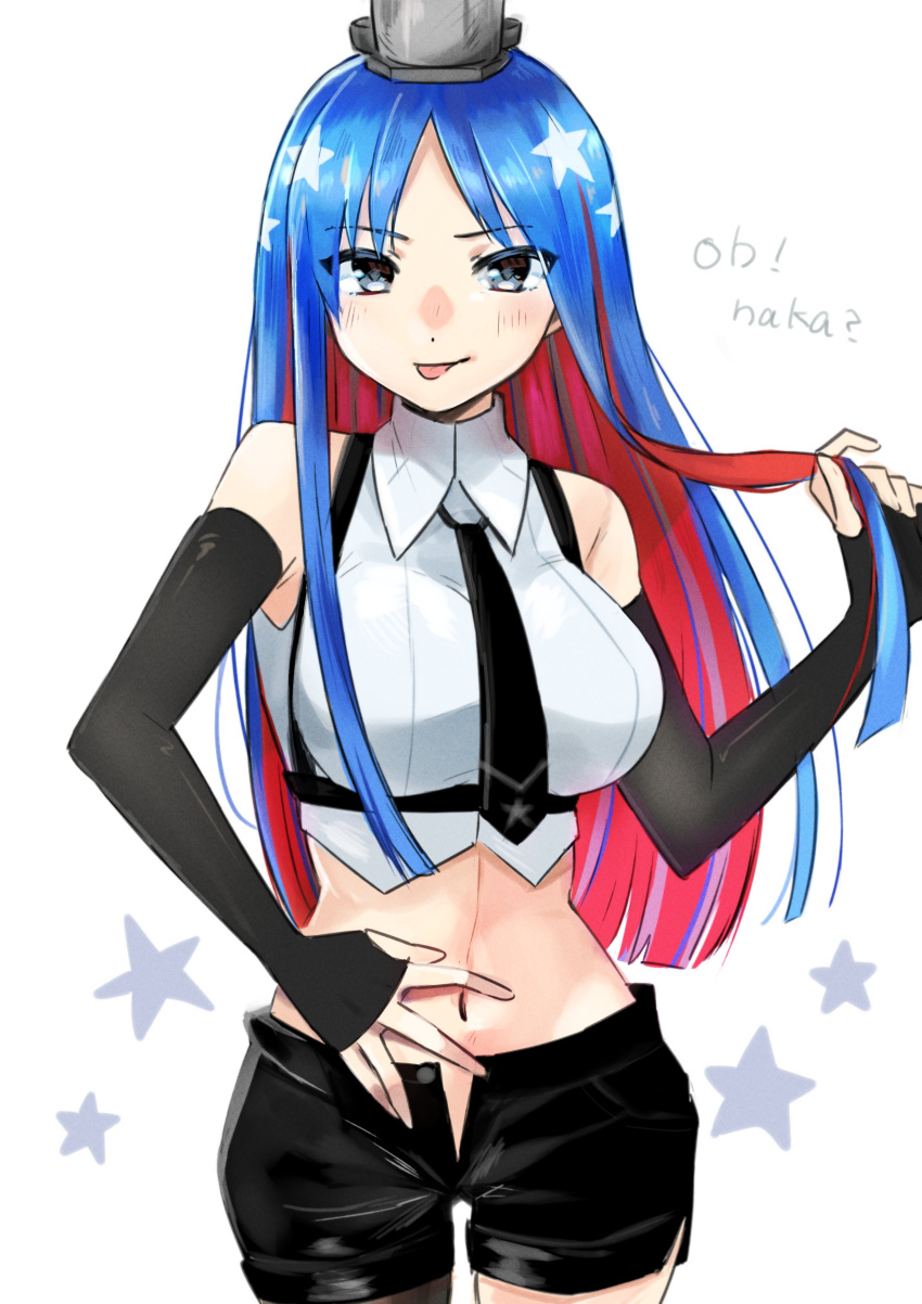 Safebooru - 1girl absurdres asymmetrical legwear black legwear black shorts blue hair breasts ...
