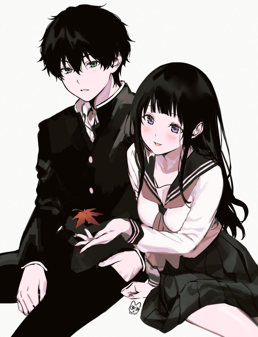 Safebooru - 1boy 1girl artist logo bangs black hair black sailor collar blunt bangs blush ...