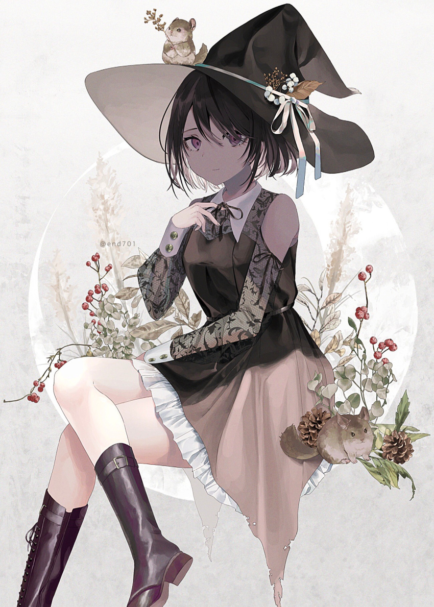 Safebooru - 1girl artist name black hair crossed legs hat highres koru ...