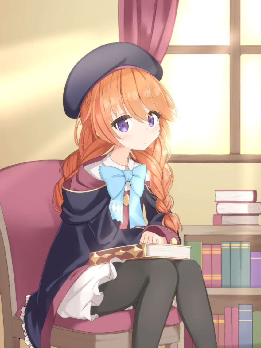 Safebooru - 1girl bangs beret black coat black headwear blue bow blush book bow braid chair ...