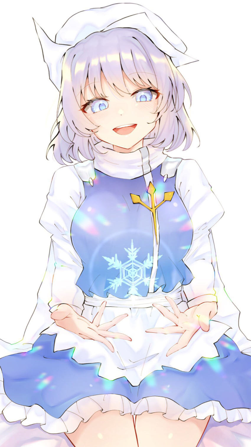 Safebooru - 1girl :d apron blue dress blue eyes commentary request cowboy shot dress eyebrows ...