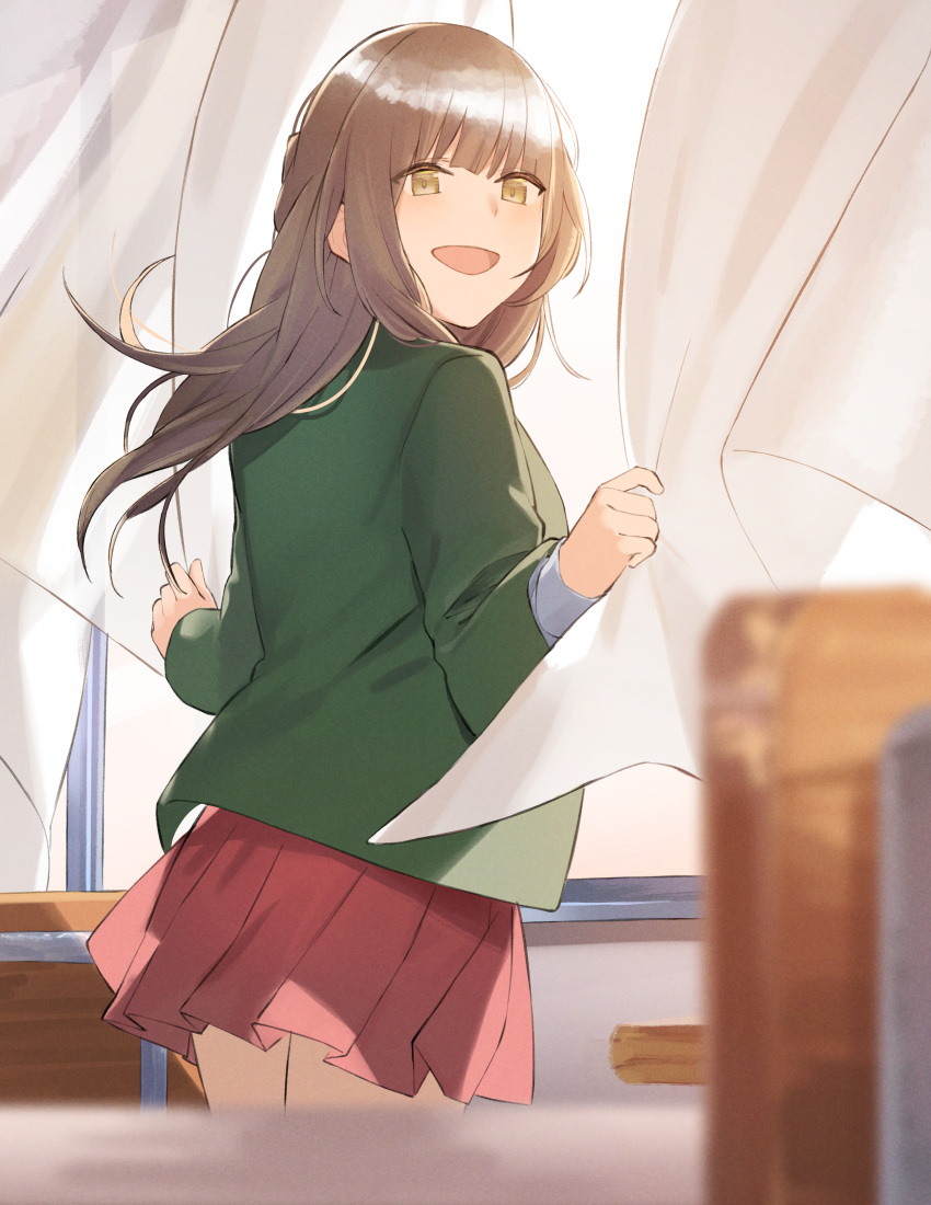 Safebooru - 1girl :d absurdres blurry foreground brown eyes brown hair classroom curtains desk ...